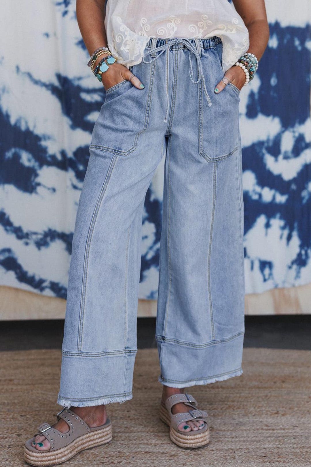 Beau Blue Drawstring Seam Detail Raw Hem Wide Leg Jeans - Etsy