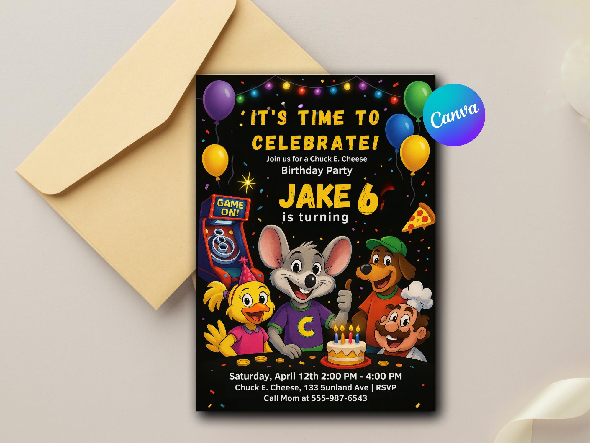 Chuck E Cheese Birthday Invitation | Editable Game Party (digital ...