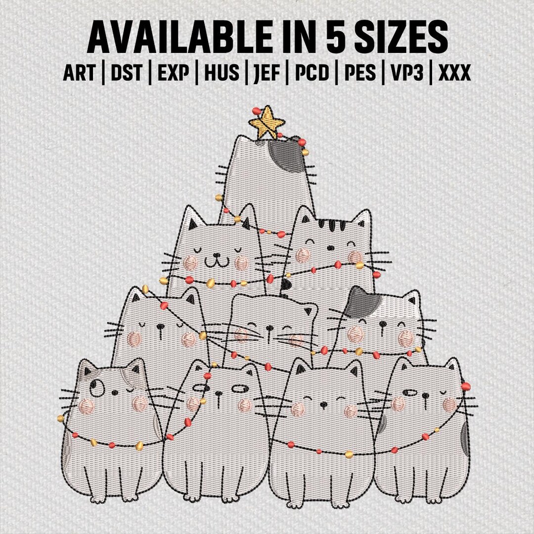 Christmas Cat Pile Embroidery File, Group of Cats With String Lights ...