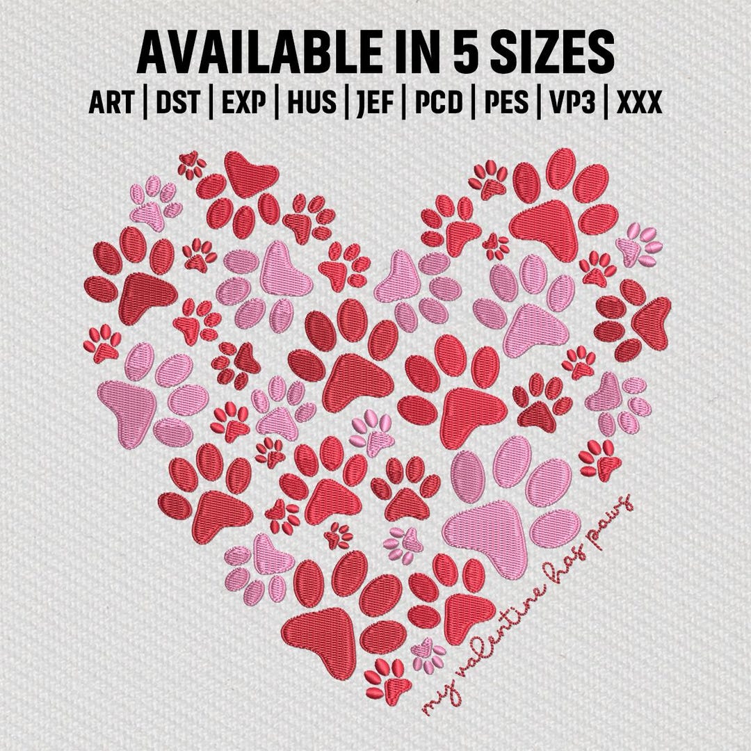 Valentine Paw Print Heart Embroidery Digital File, Pet Love Paw Pattern ...