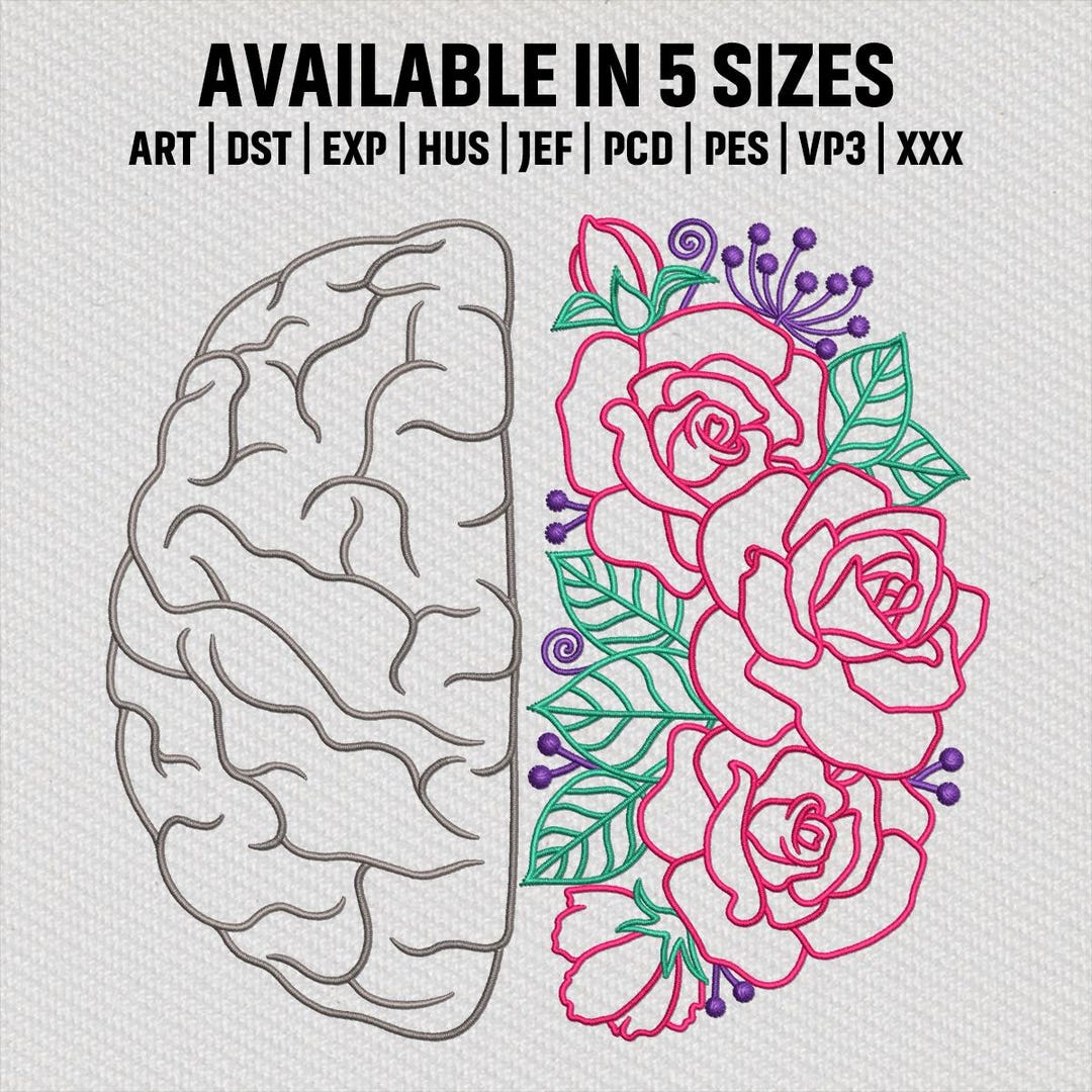 Half Brain Half Flowers Embroidery File, Floral Mind Psychology Mental ...