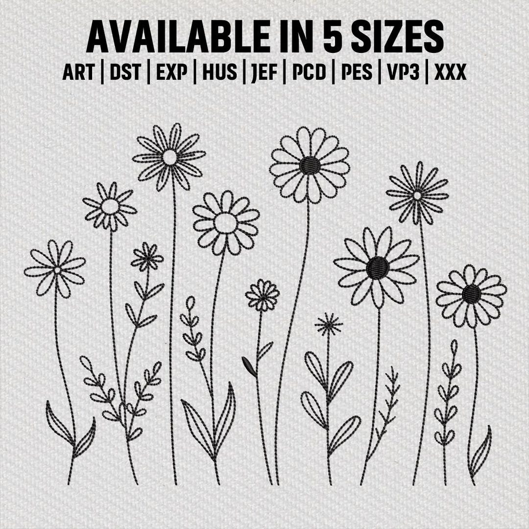 Floral Meadow Outline Embroidery File, Garden Wildflowers and ...