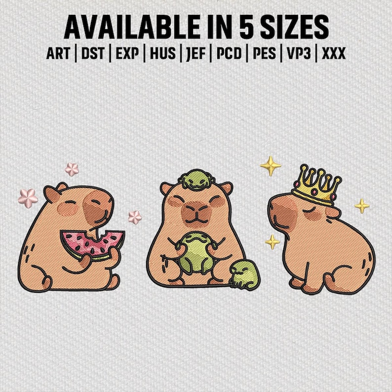Capybara Family Embroidery Digital File, Cute Animal Trio With Frog and Crown, Kawaii Watermelon ...