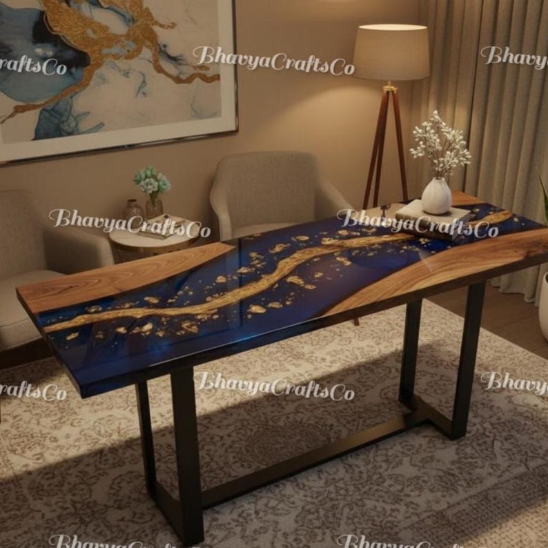 Live Edge Walnut River Table Top, Blue Epoxy Resin, Gold Vein Inlay - Etsy