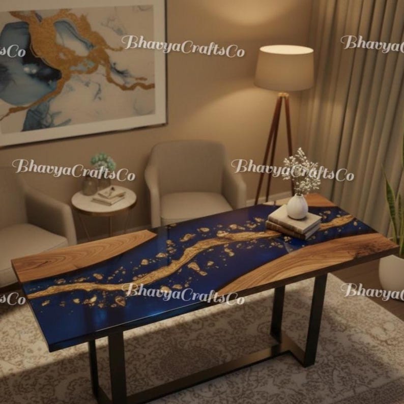 Live Edge Walnut River Table Top, Blue Epoxy Resin, Gold Vein Inlay - Etsy