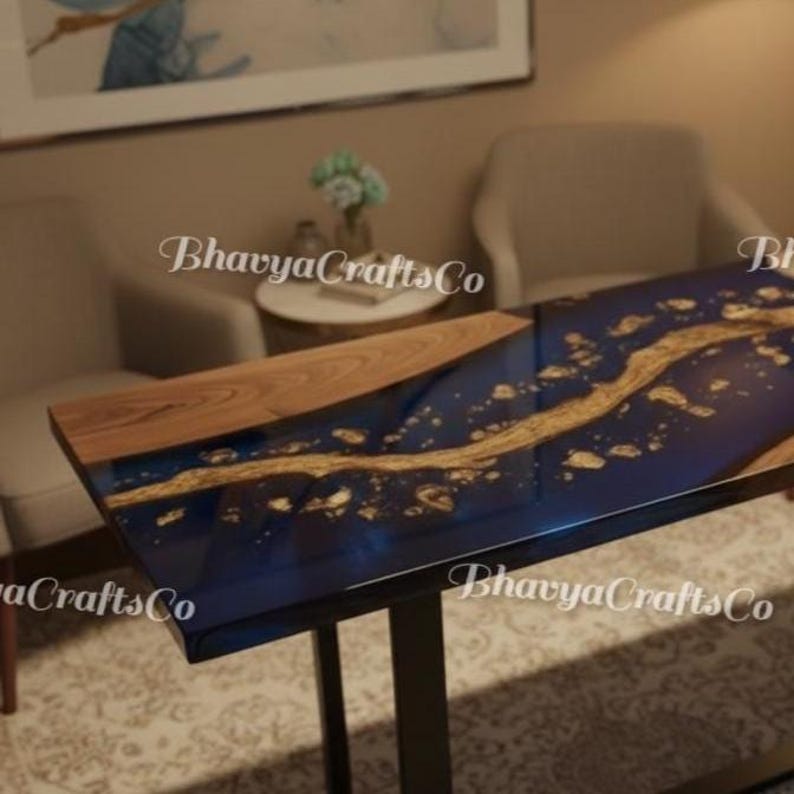 Live Edge Walnut River Table Top, Blue Epoxy Resin, Gold Vein Inlay - Etsy