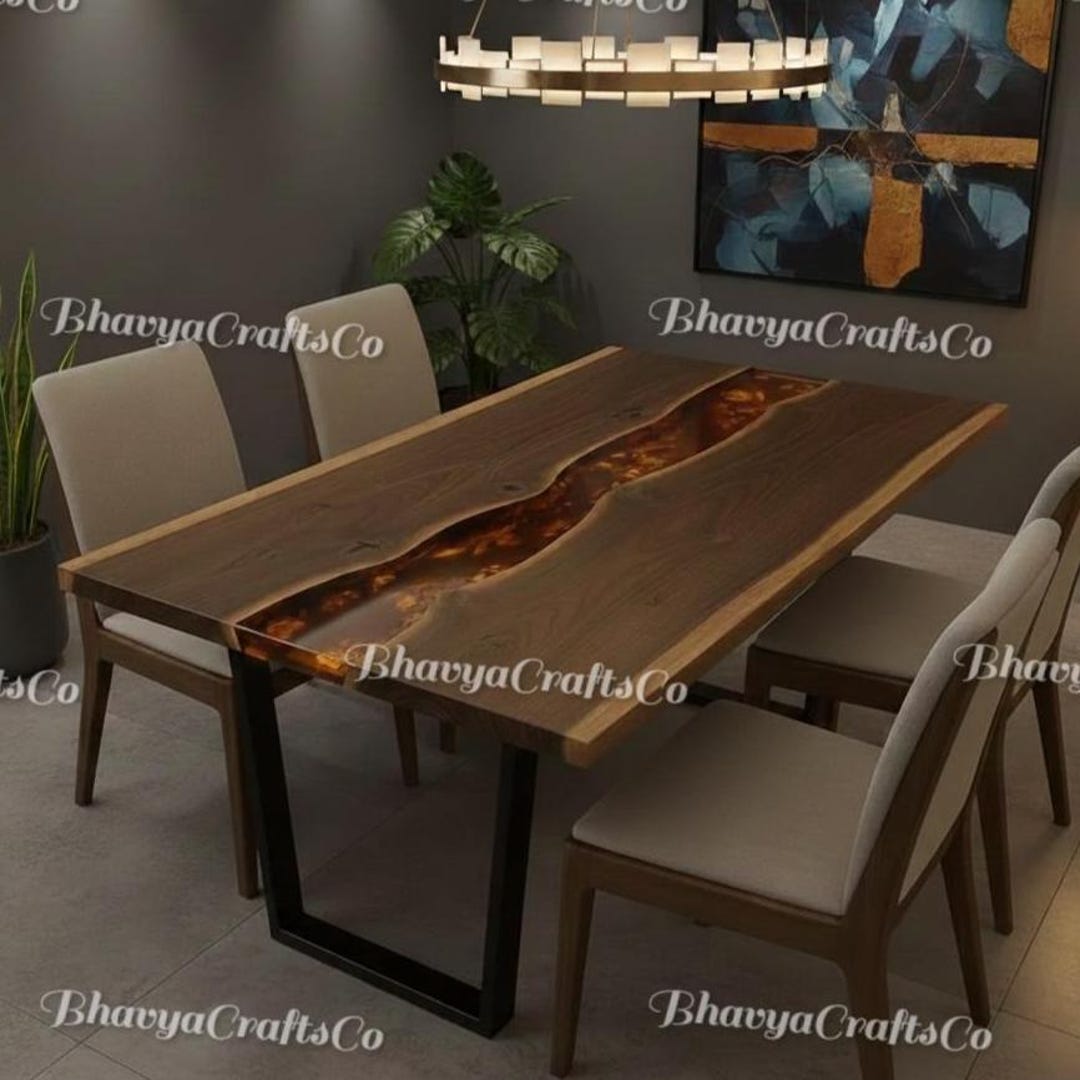 Live Edge Walnut Dining Table | Amber Gold Epoxy Resin River - Etsy