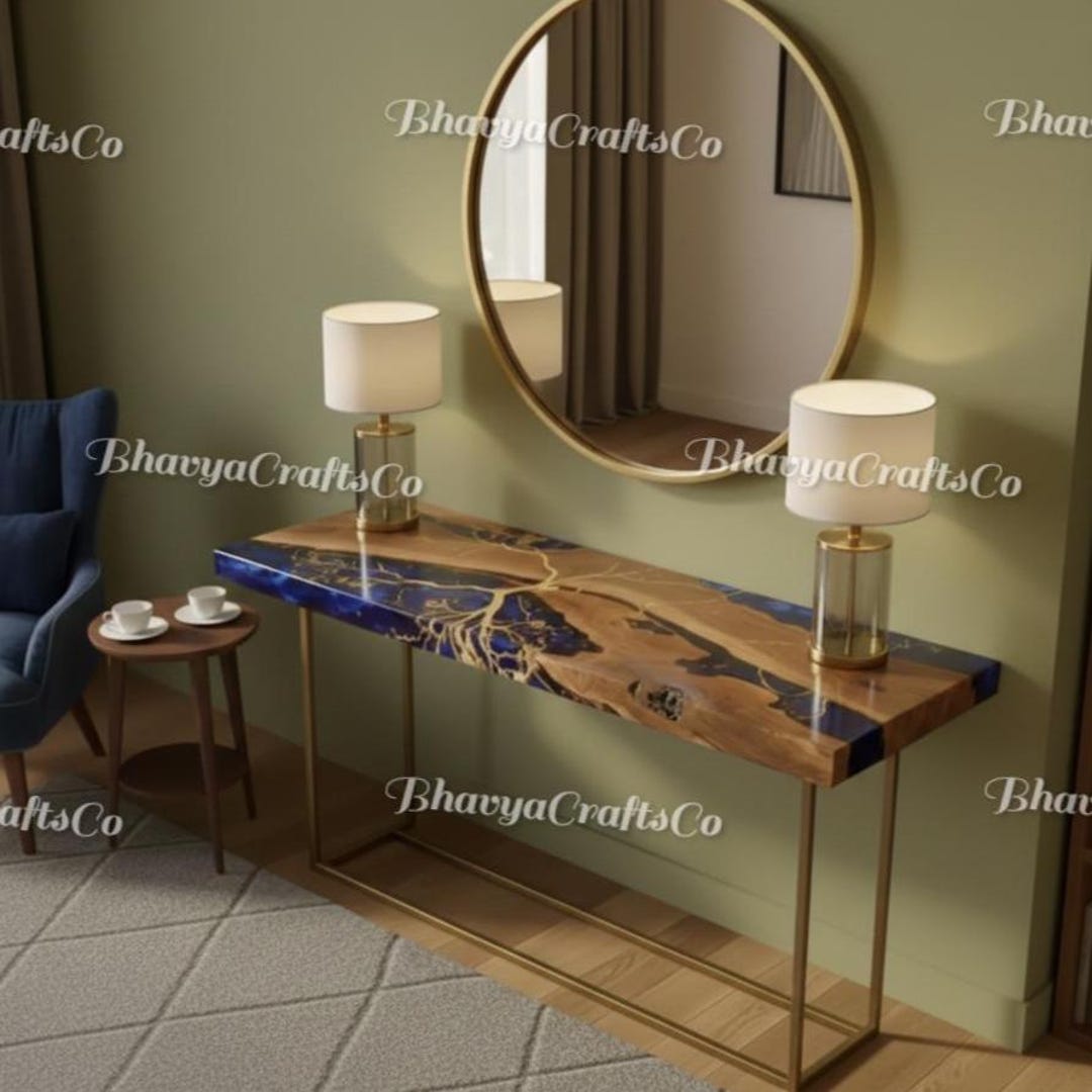 Blue Epoxy Resin River Console Table, Live Edge Walnut, Gold Inlay - Etsy