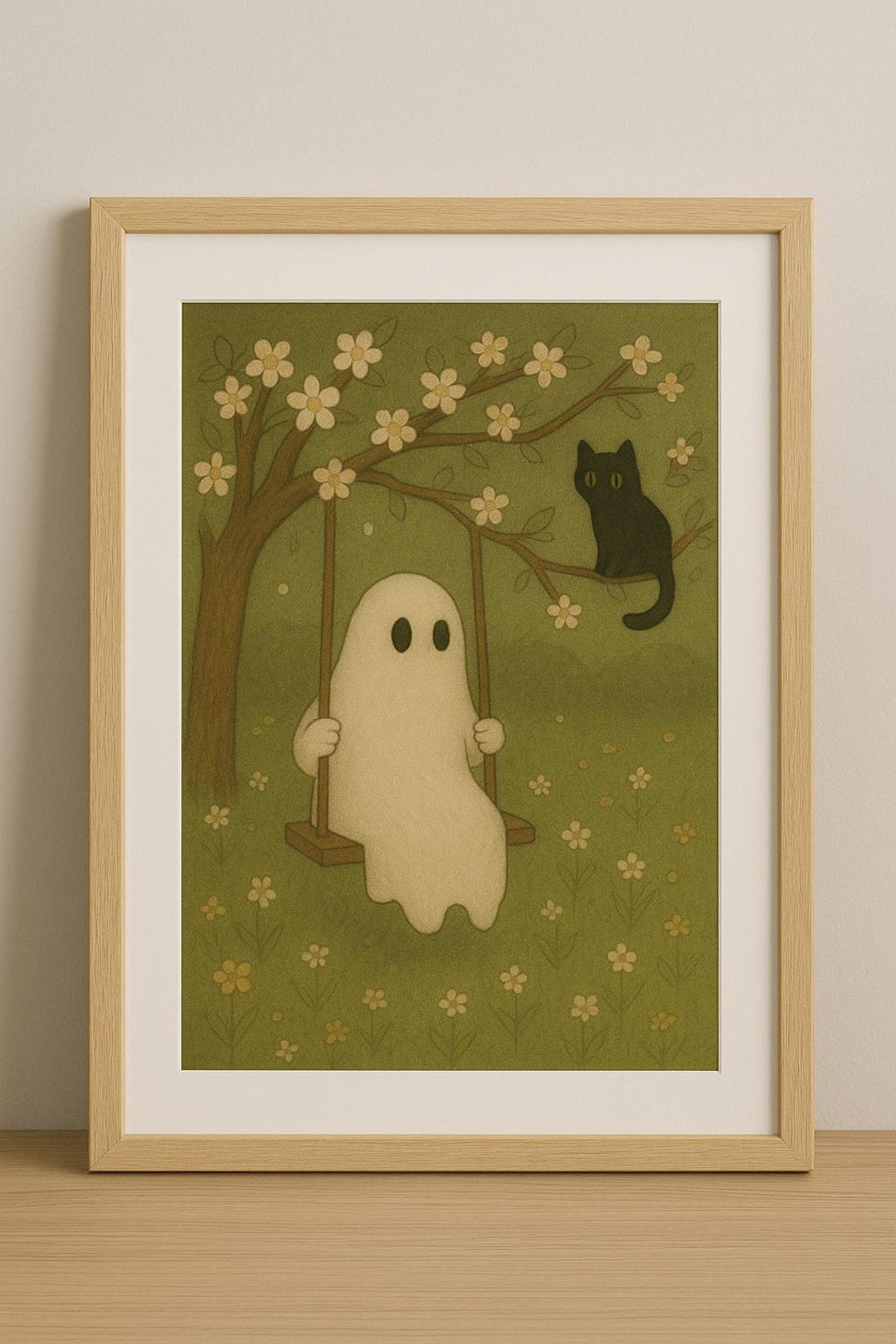 Haunted Spring | Ghost on Swing Art Print | Cute Ghost and Cat Spring ...