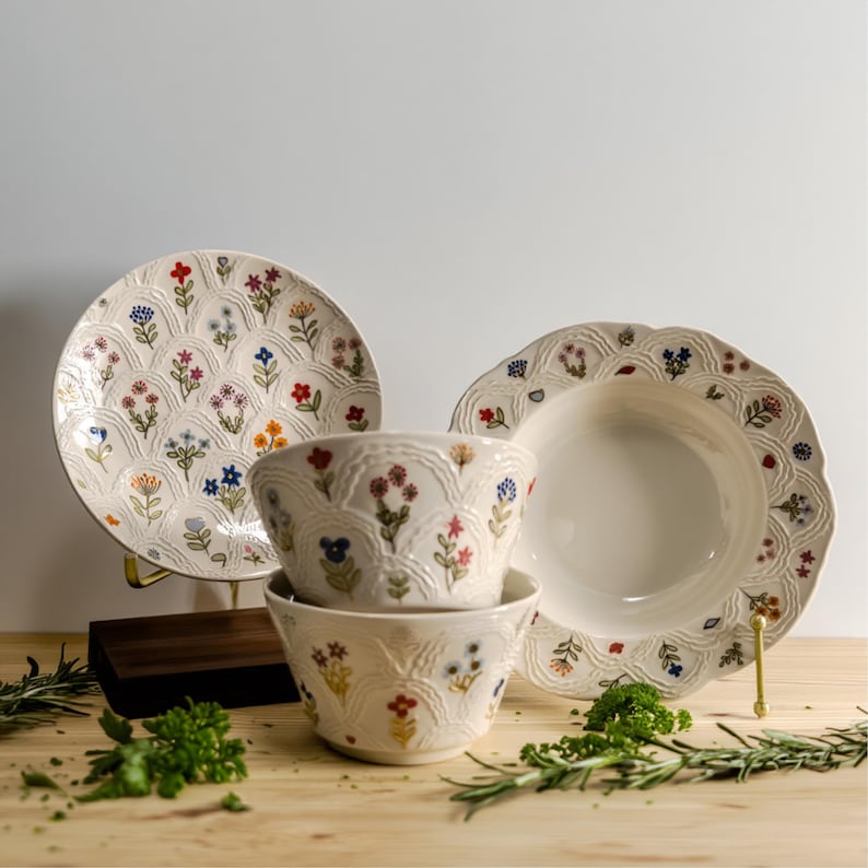 Hand-painted Floral Ceramic Dinnerware Set | Cottagecore Tableware - Etsy