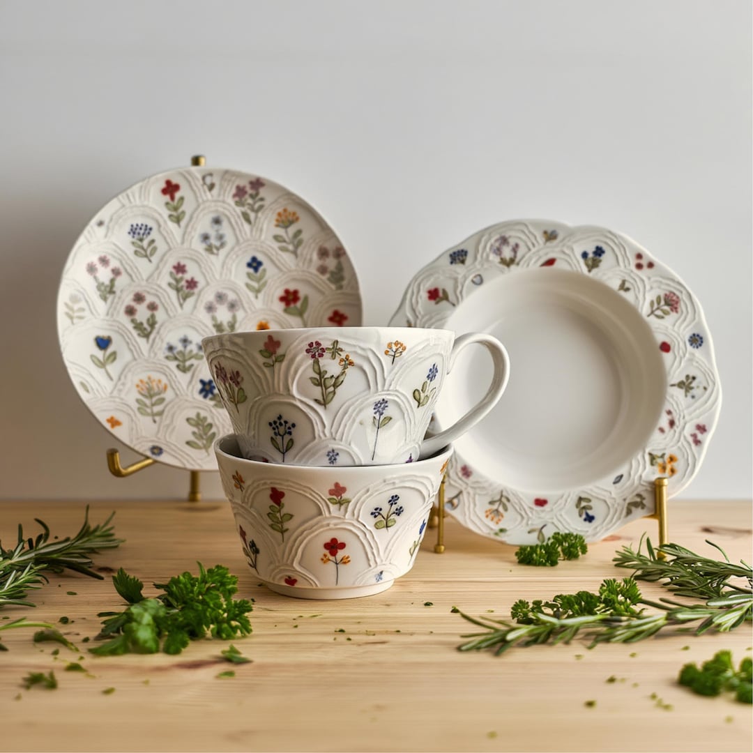 Hand-painted Floral Ceramic Dinnerware Set | Cottagecore Tableware - Etsy