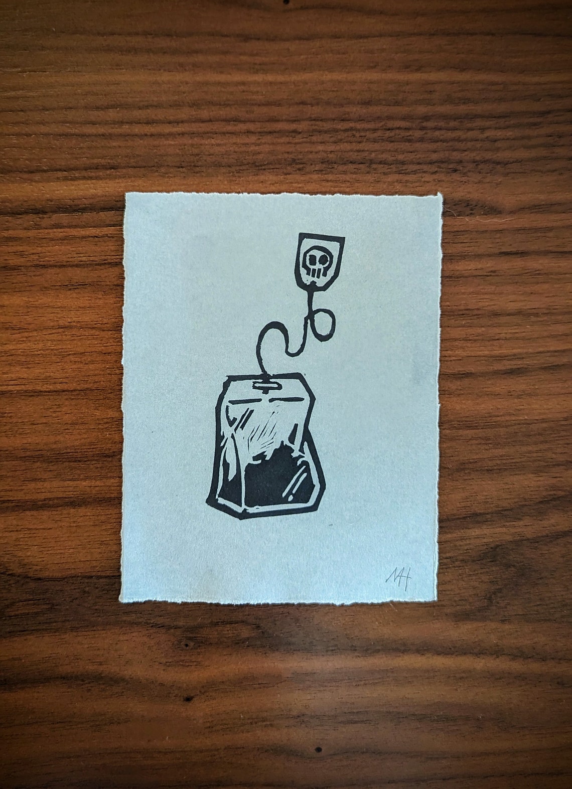 Death by Tea Mini Linocut Print // Cute Macabre Skull Art for Tea ...