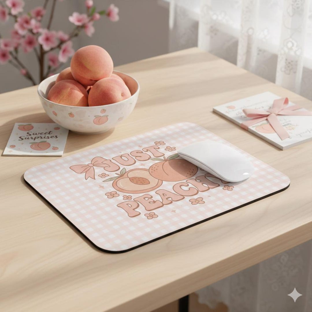 Just Peachy Mouse Pad, Cute Pink Gingham Desk Accessory With Peaches ...