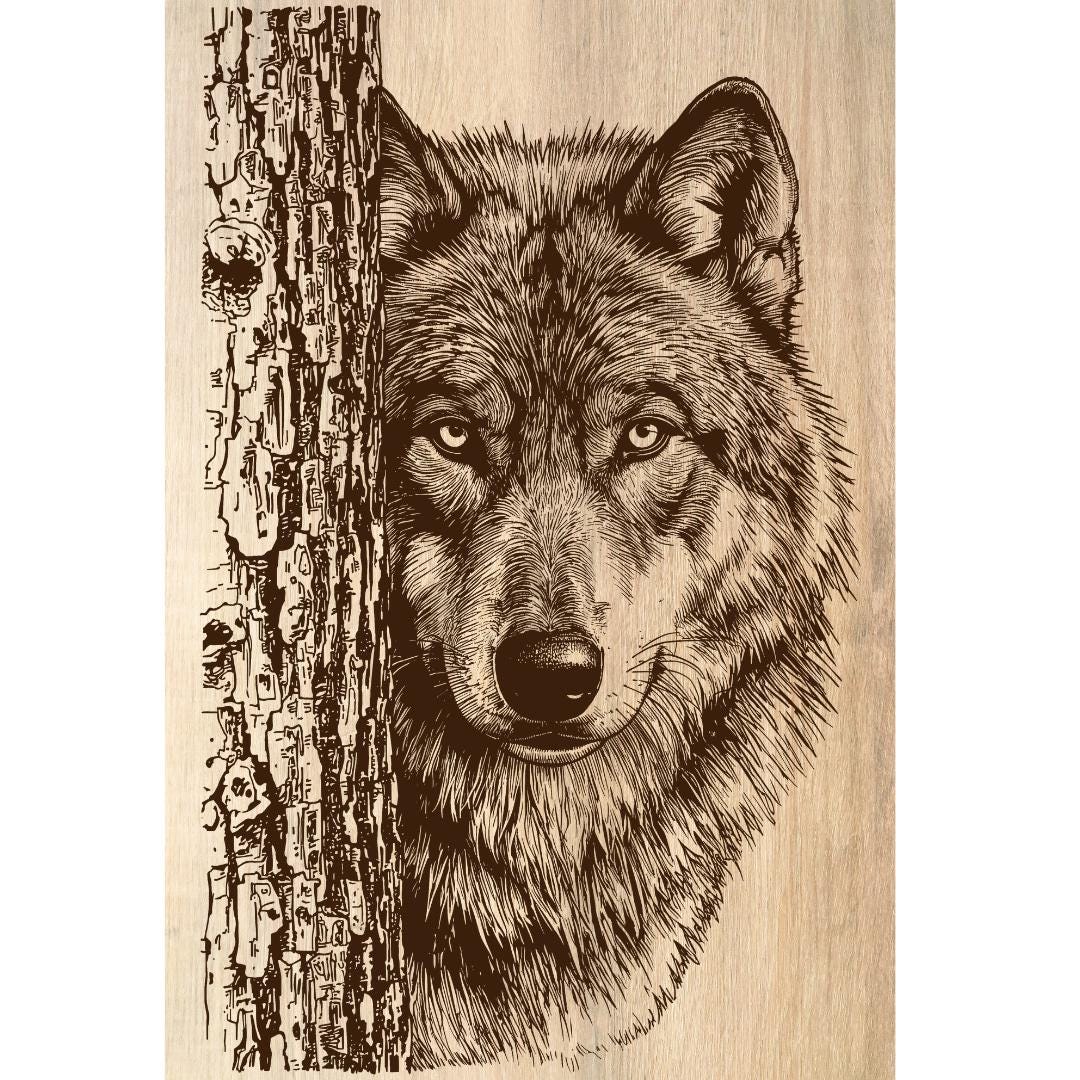 Wolf Behind Tree Engraving File: Rustic Forest Wildlife Art (PNG/SVG ...