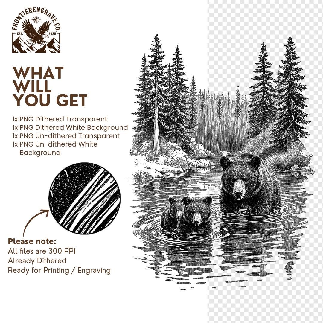 Mama Bear and Cubs River Engraving File: Woodland Nursery Art (PNG) - Etsy