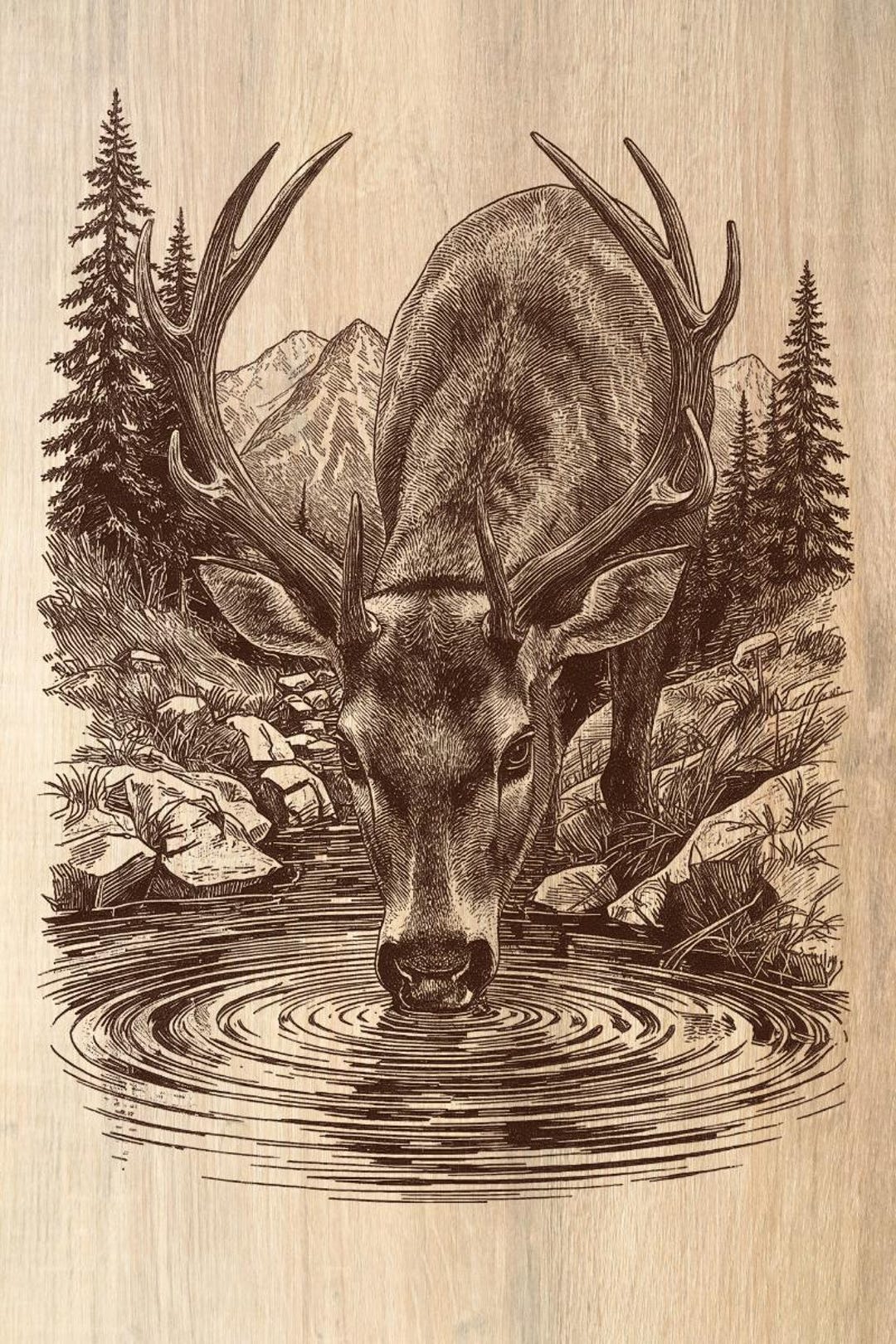 Deer Drinking Water PNG – Laser Engraving File, Rustic Wildlife Art ...