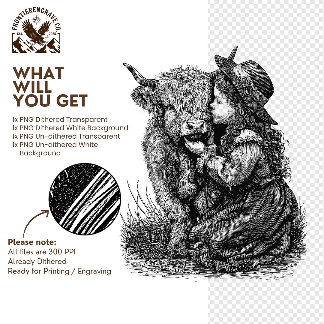 Farm Girl and Highland Calf Engraving – Rustic Farmhouse PNG (digital ...
