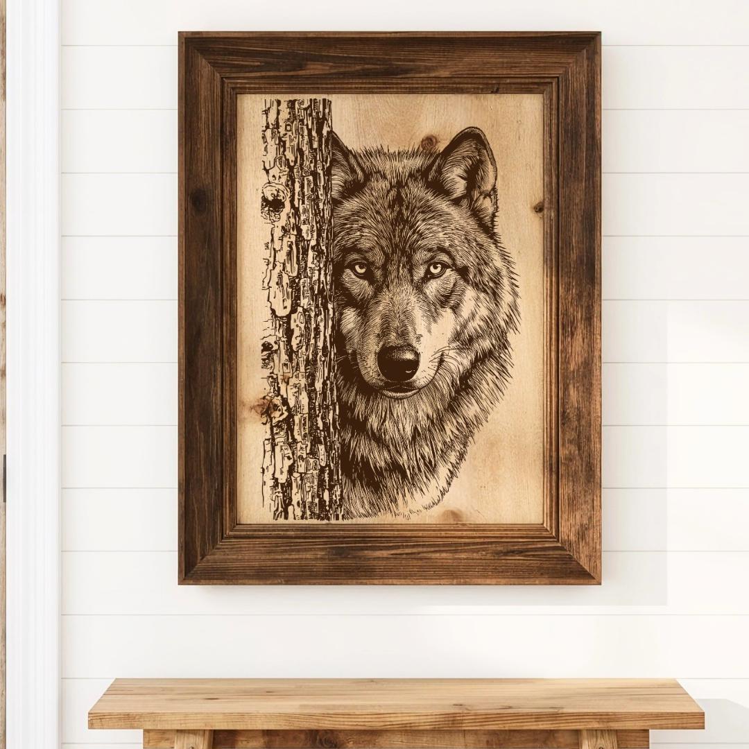 Wolf Behind Tree Engraving File: Rustic Forest Wildlife Art (PNG/SVG ...