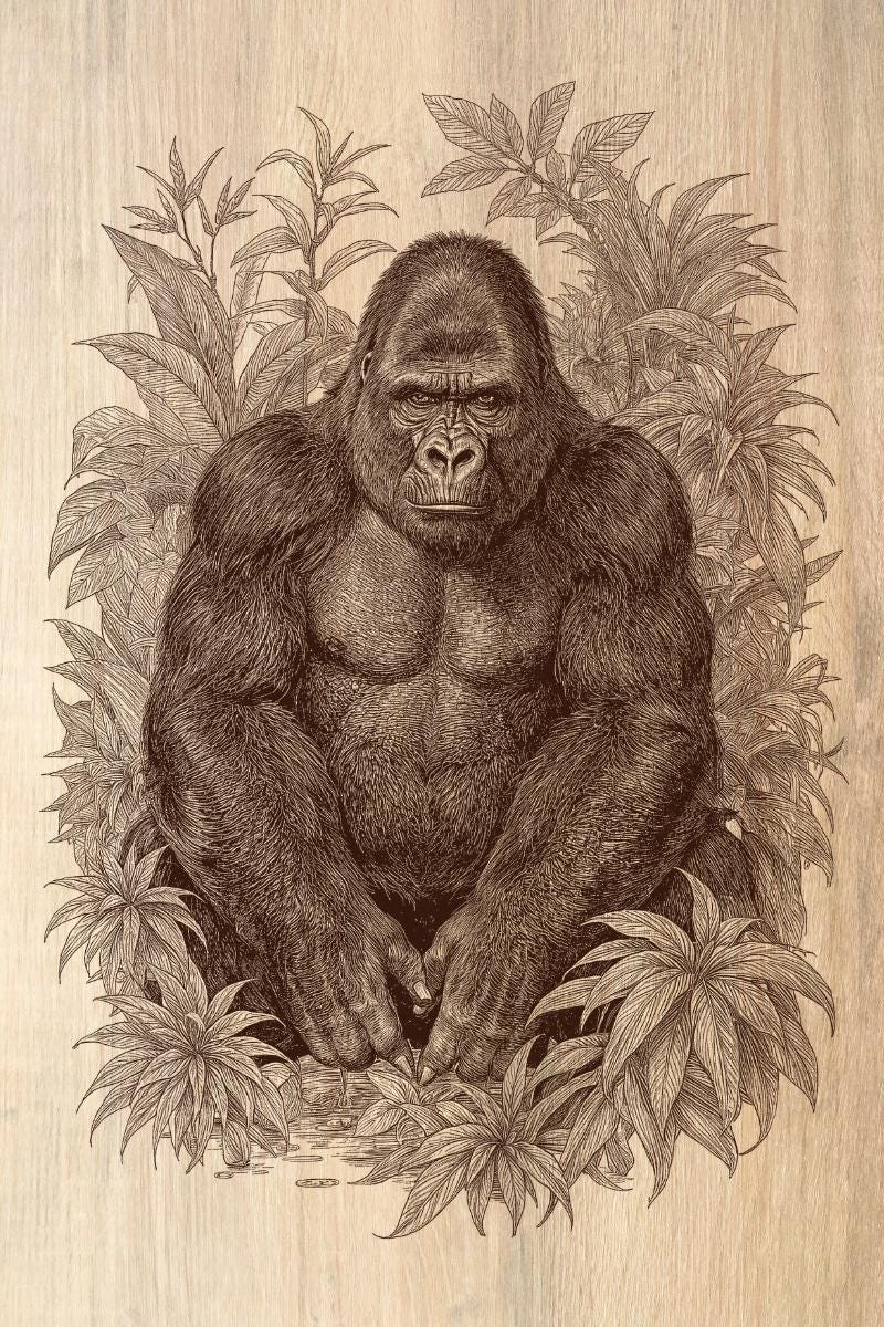 Silverback Gorilla Seated Portrait PNG | Detailed Primate Engraving for ...
