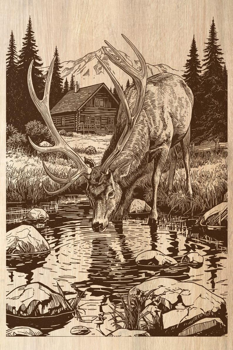 Elk River Woods Cabin Scene: Laser Engraving File (digital Download PNG ...