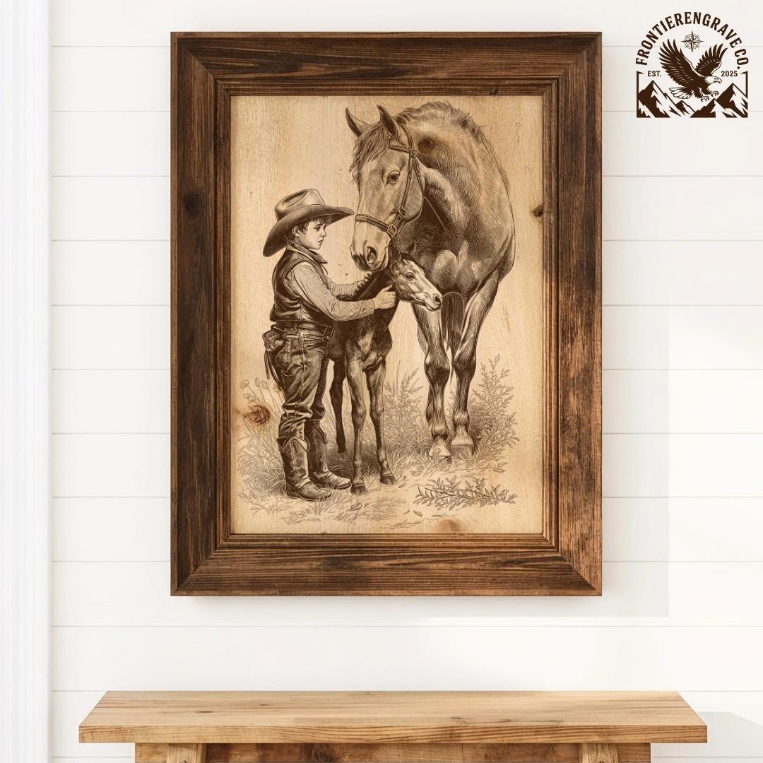 Cowboy and Foal Laser File | Rustic Wood Engraving (PNG & SVG) - Etsy