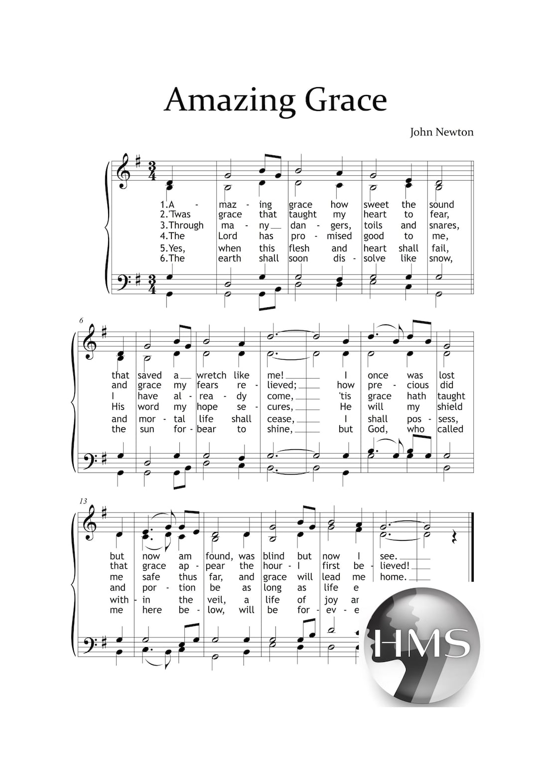 Amazing Grace – Choir and Piano | John Newton Christian Hymn Sheet ...