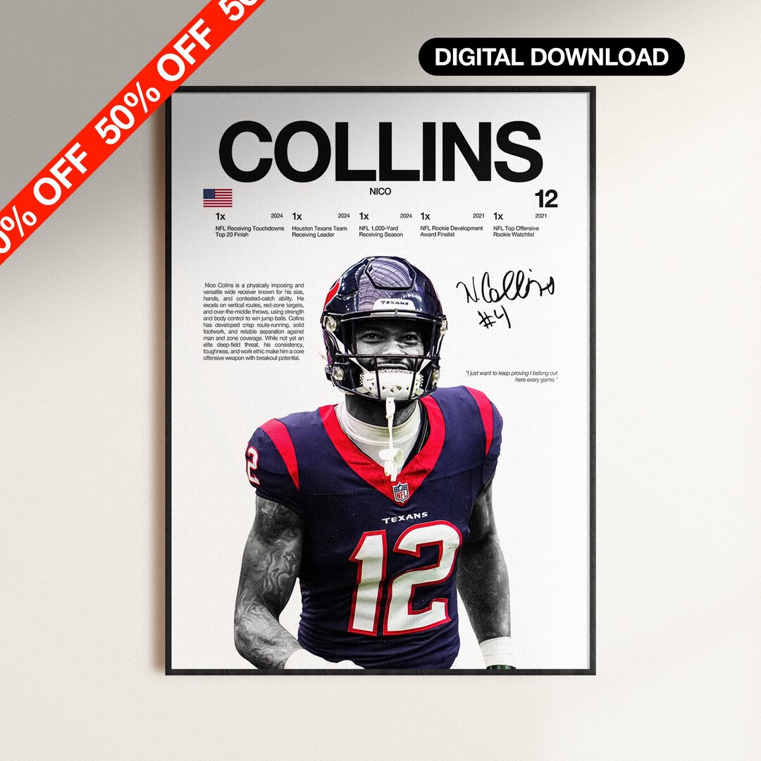 Nico Collins Poster, NFL Wall Print, Football Digital Download, NFL ...