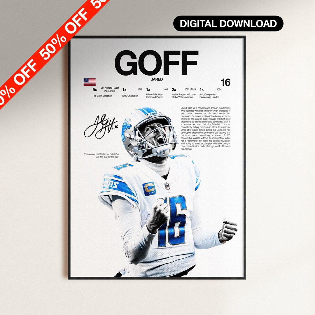 Jared Goff Poster, NFL Wall Print, Football Digital Download, NFL ...