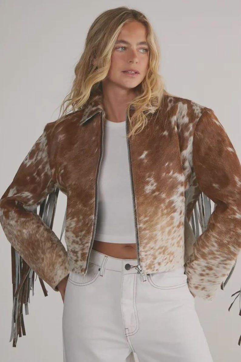 Cowhide Fringe Leather Jacket for Women Natural Hair-on Cow Skin Cow ...