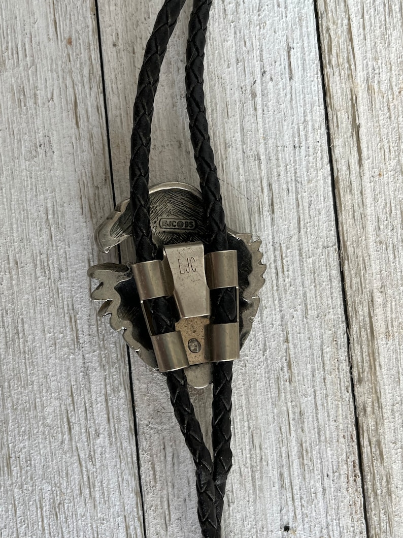Vintage Eagle Bolo Tie Black Leather Strap Coral EJC Stamped Bolo Tie ...