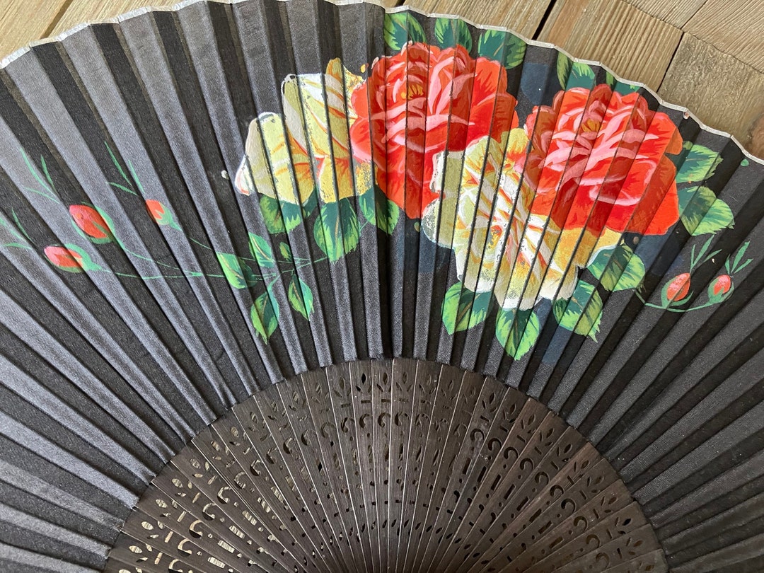 Vintage Hand Painted Hand Fan Roses on Black Cloth Pearlescent Appliqué ...