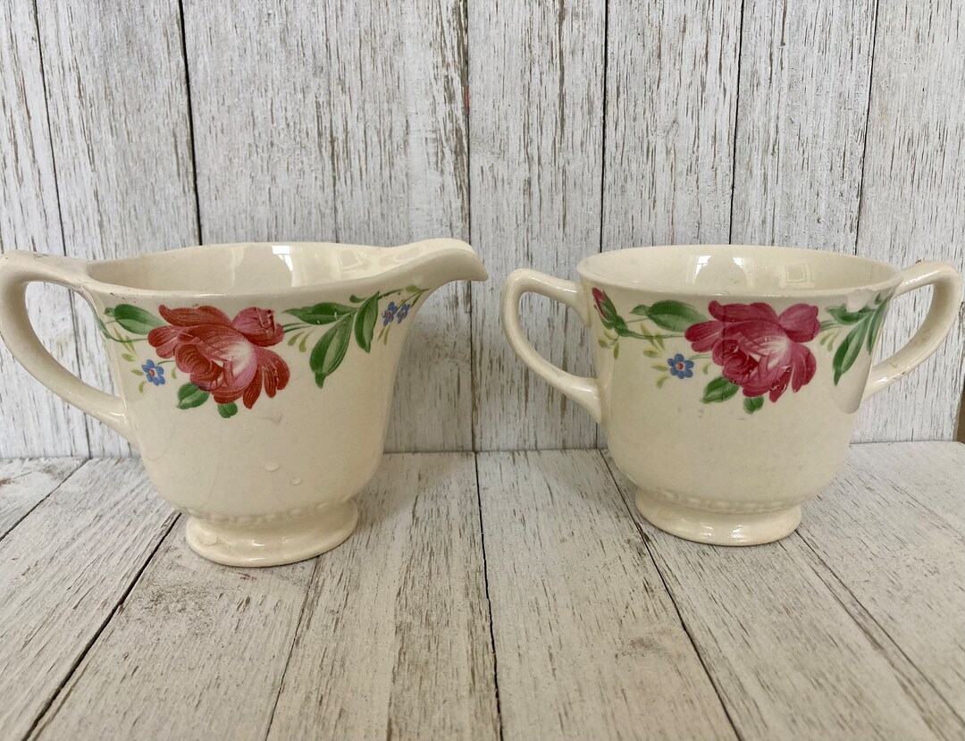 Vintage HOMER LAUGLIN Cream and Sugar Set Pink Rose Buds & Blue Flowers- Floral Pattern Cream ...