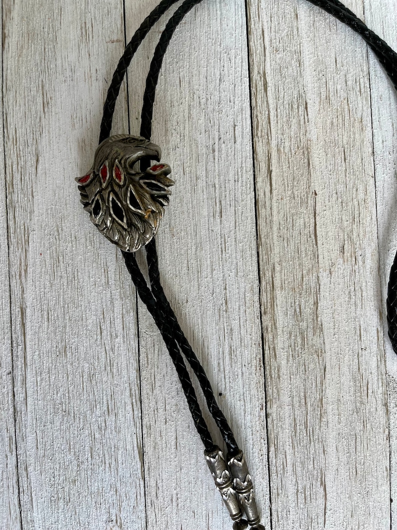 Vintage Eagle Bolo Tie Black Leather Strap Coral EJC Stamped Bolo Tie ...