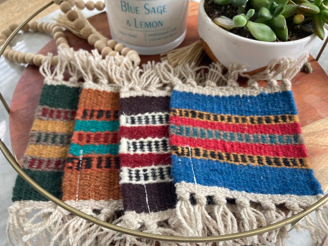 Southwestern Handwoven Wool Drink Coaster Set of 4 - Blue, Rust, Brown ...