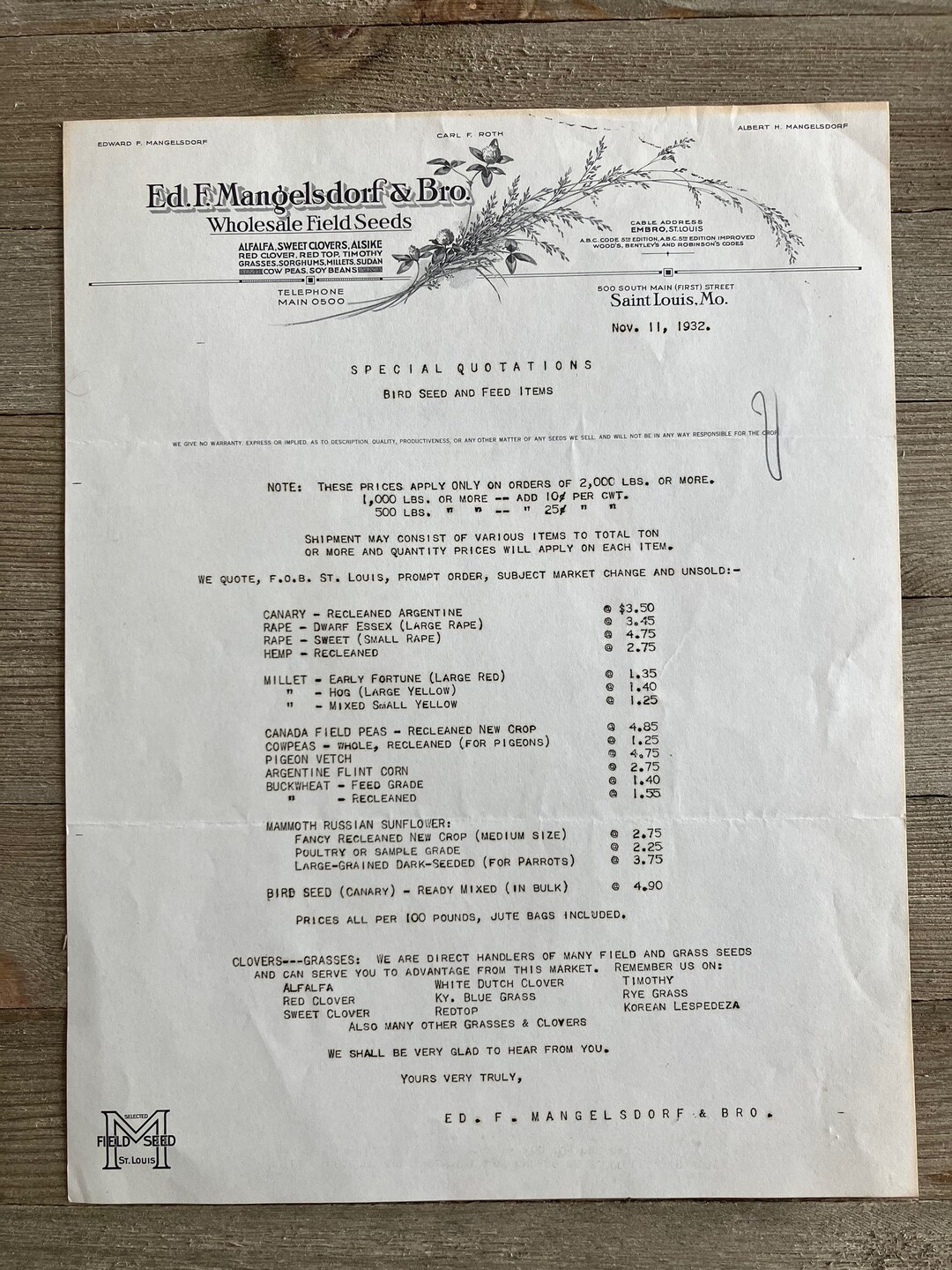 Vintage Seed Price List Advertisement Ed. F. Mangelsdorf & Bro ...