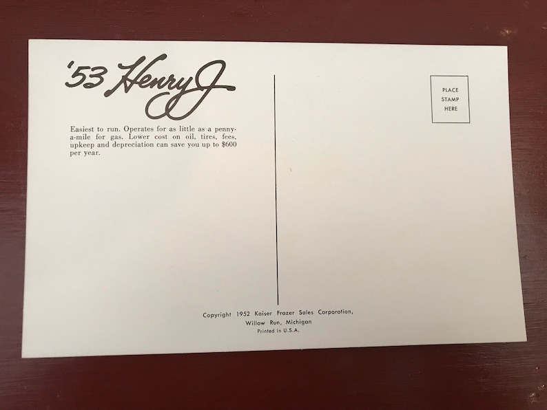 Unused 1953 Kaiser Frazer Henry J Advertising Postcard "easiest to Run ...