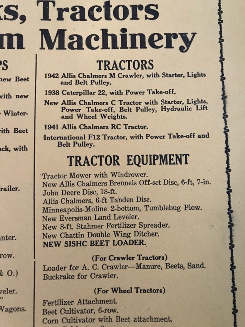 Vintage 1947 Public Auction Notice - Trucks, Tractors and ONE OLD HORSE ...