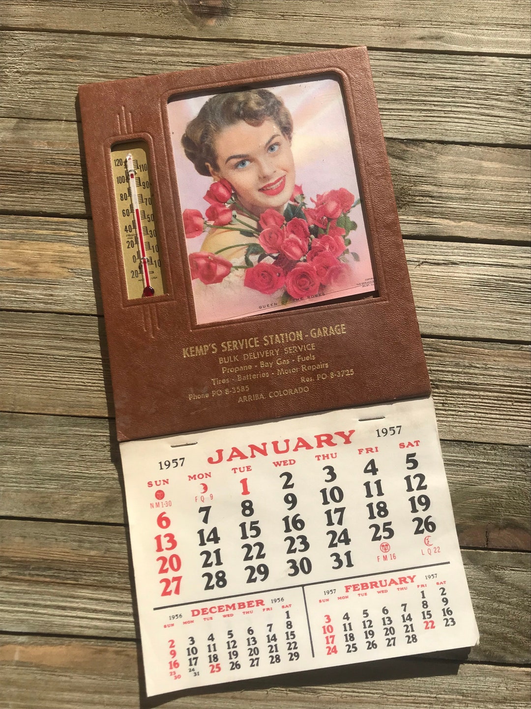 1957 Gas Station Calendar & Thermometer "queen of the Roses" the Kemp ...