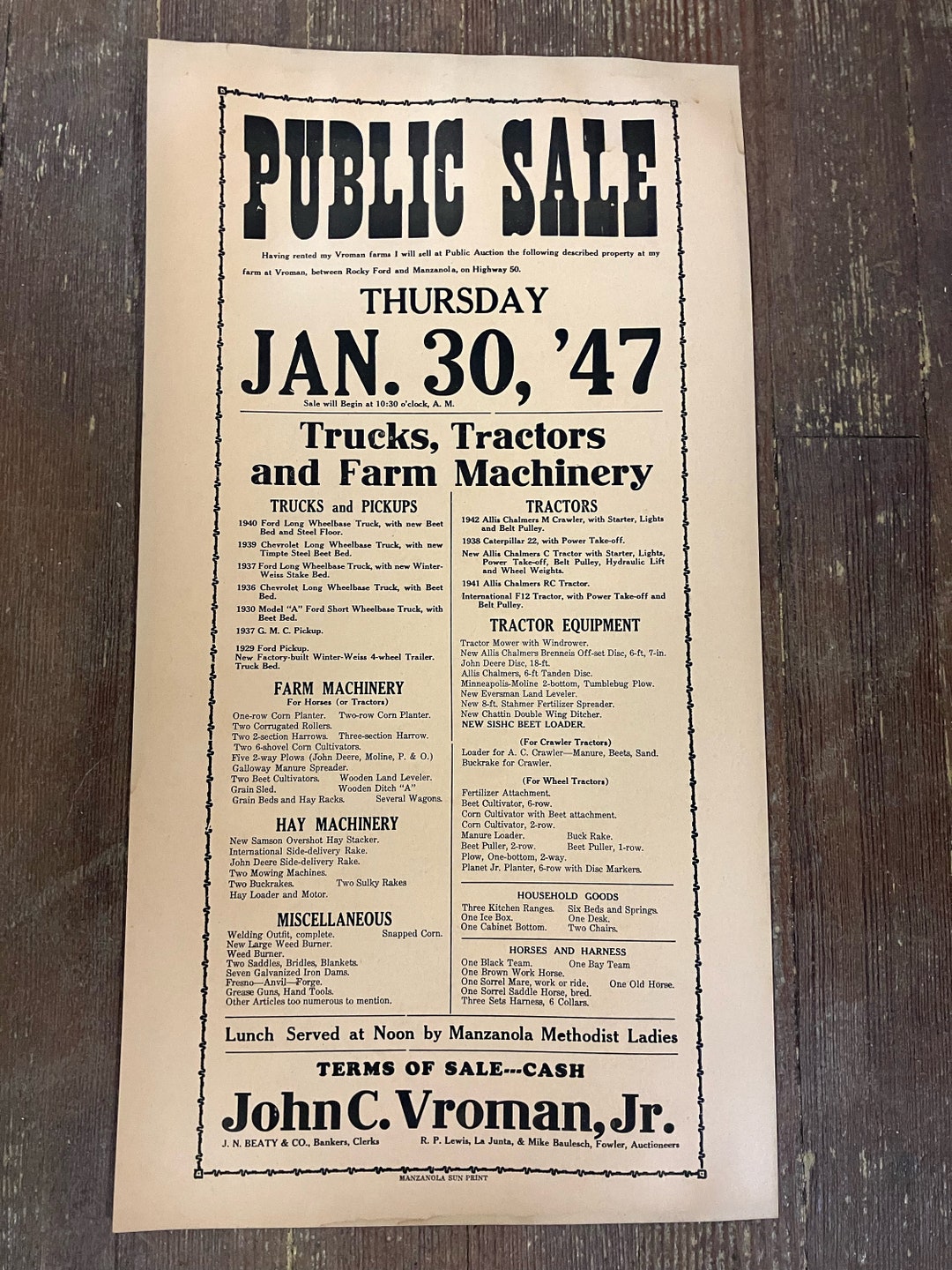 Vintage 1947 Public Auction Notice - Trucks, Tractors and ONE OLD HORSE ...