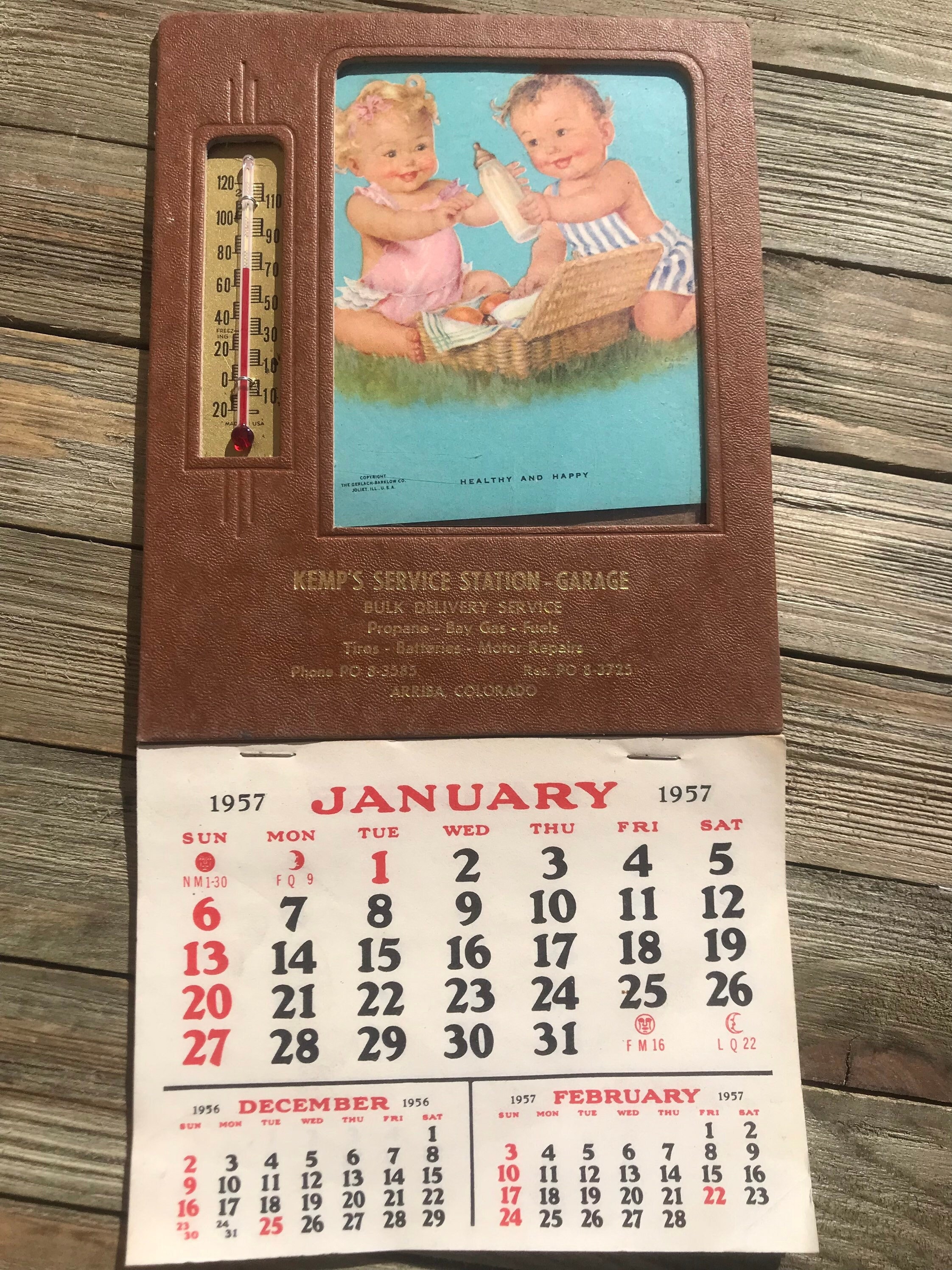 1957 Gas Station Calendar & Thermometer Twin Babies healthy and Happy ...