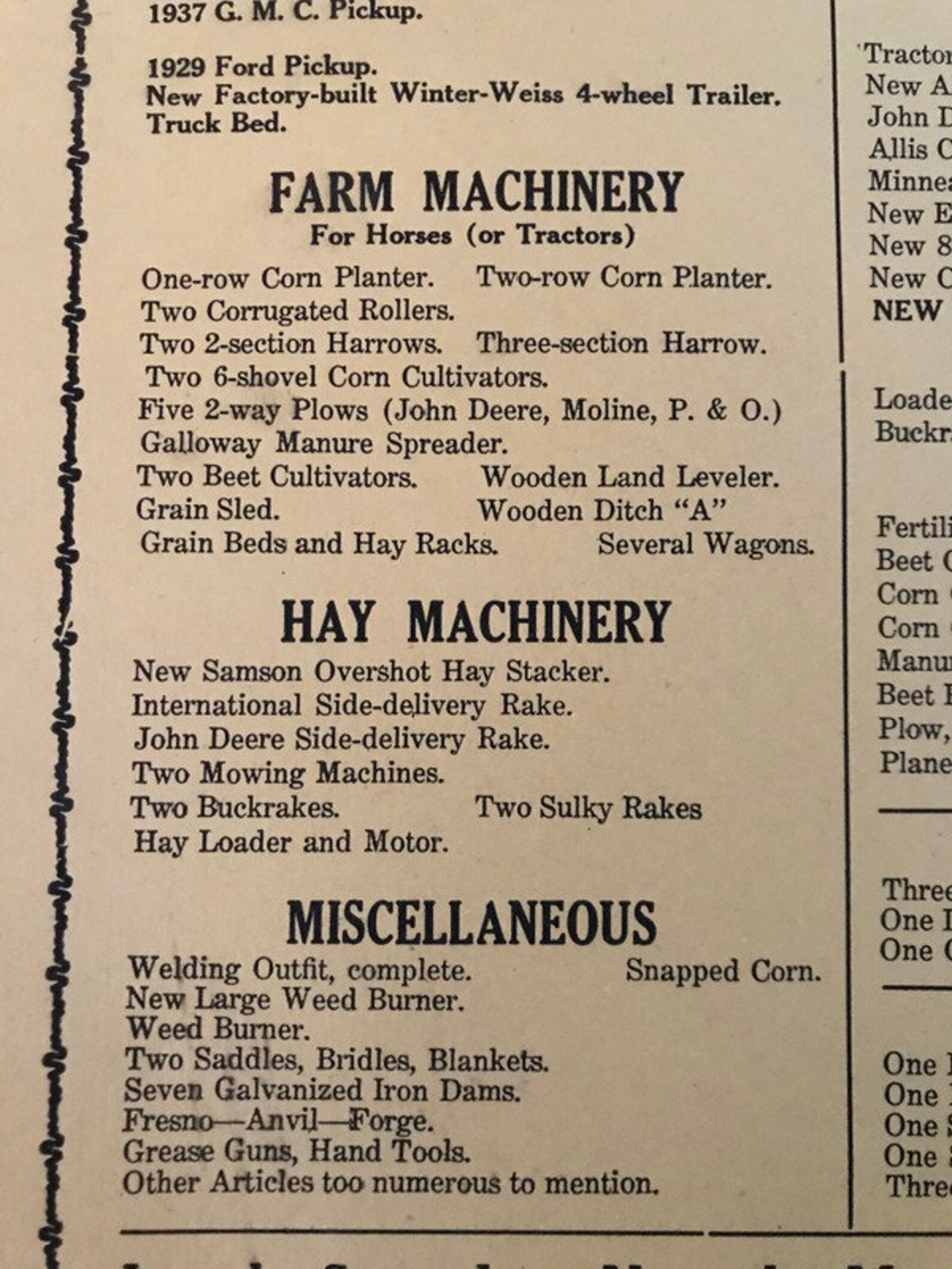 Vintage 1947 Public Auction Notice - Trucks, Tractors and ONE OLD HORSE ...