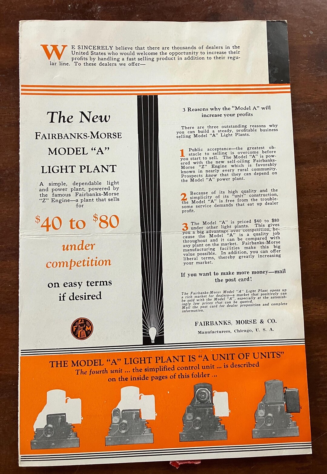 SCARCE 1920's Fairbanks Morse Model A Light Plant Fold Out Brochure Mailer Generator Electricity ...