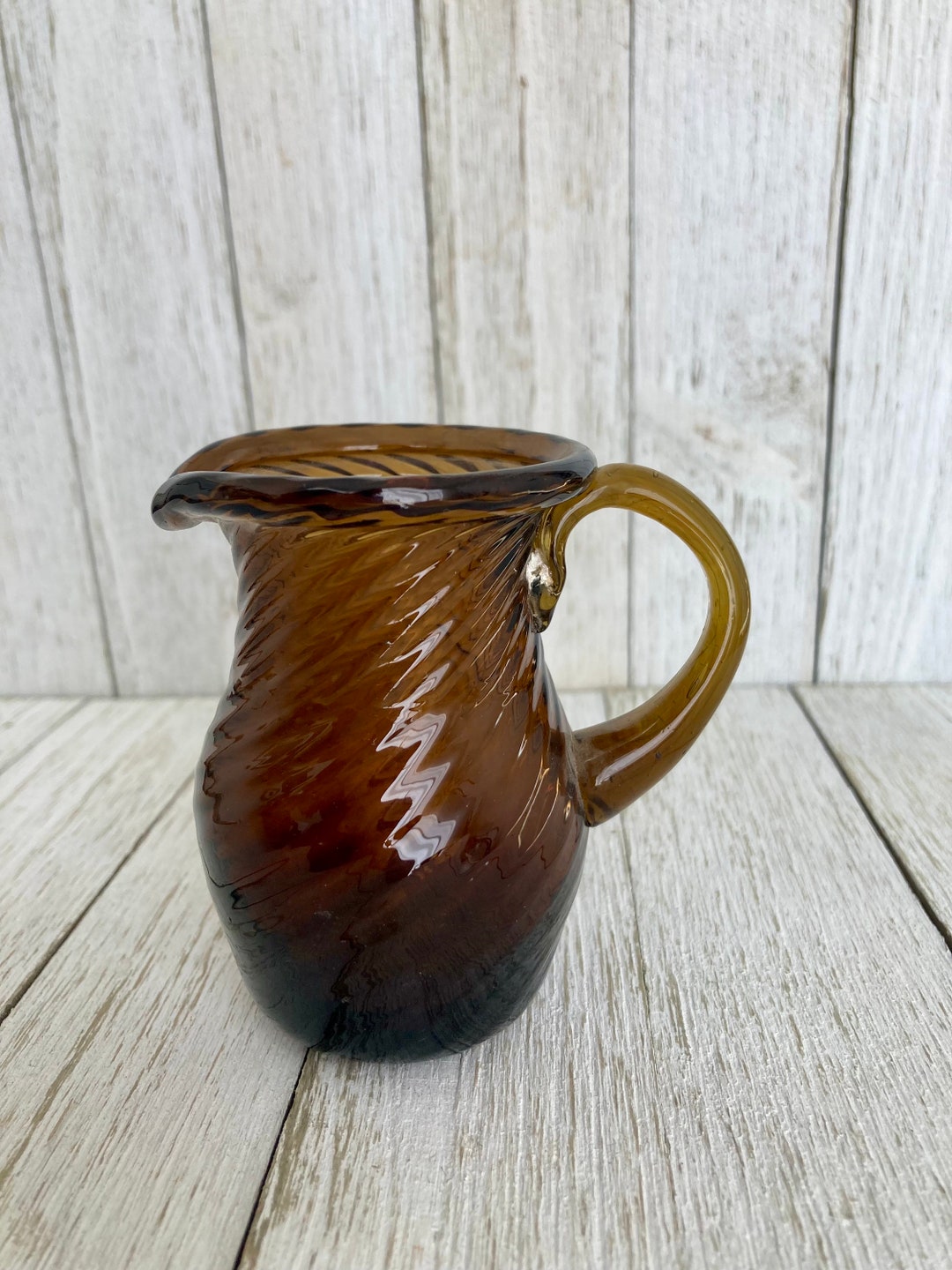 Vintage Mini Hand Blown Glass Pitcher Honey Amber Brown Twisted Rib ...