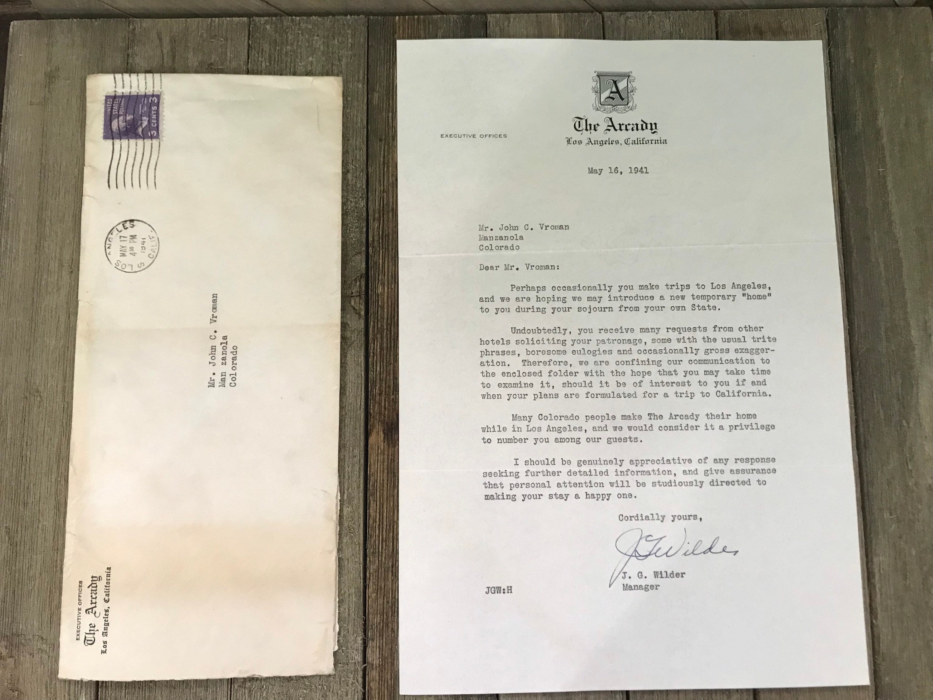 The Arcady Apartment Hotel Letter to John C. Vroman Manzanola - Etsy