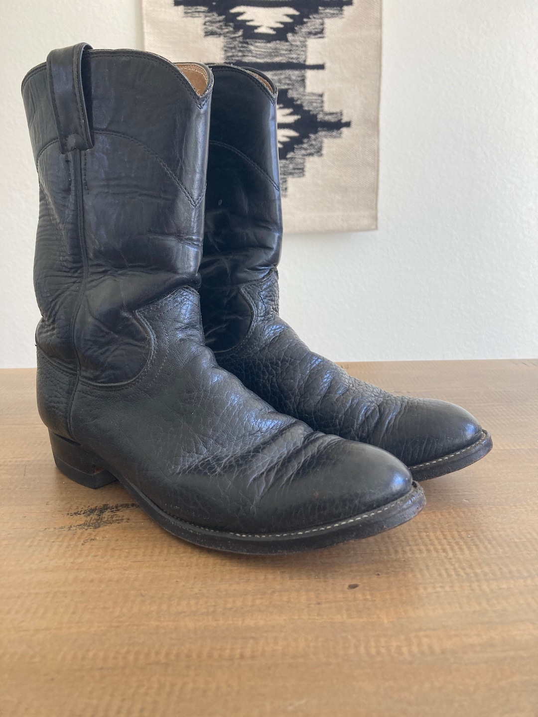 Vintage Justin's Black Leather Ropers Western Boots Style 3702- Cowboy ...