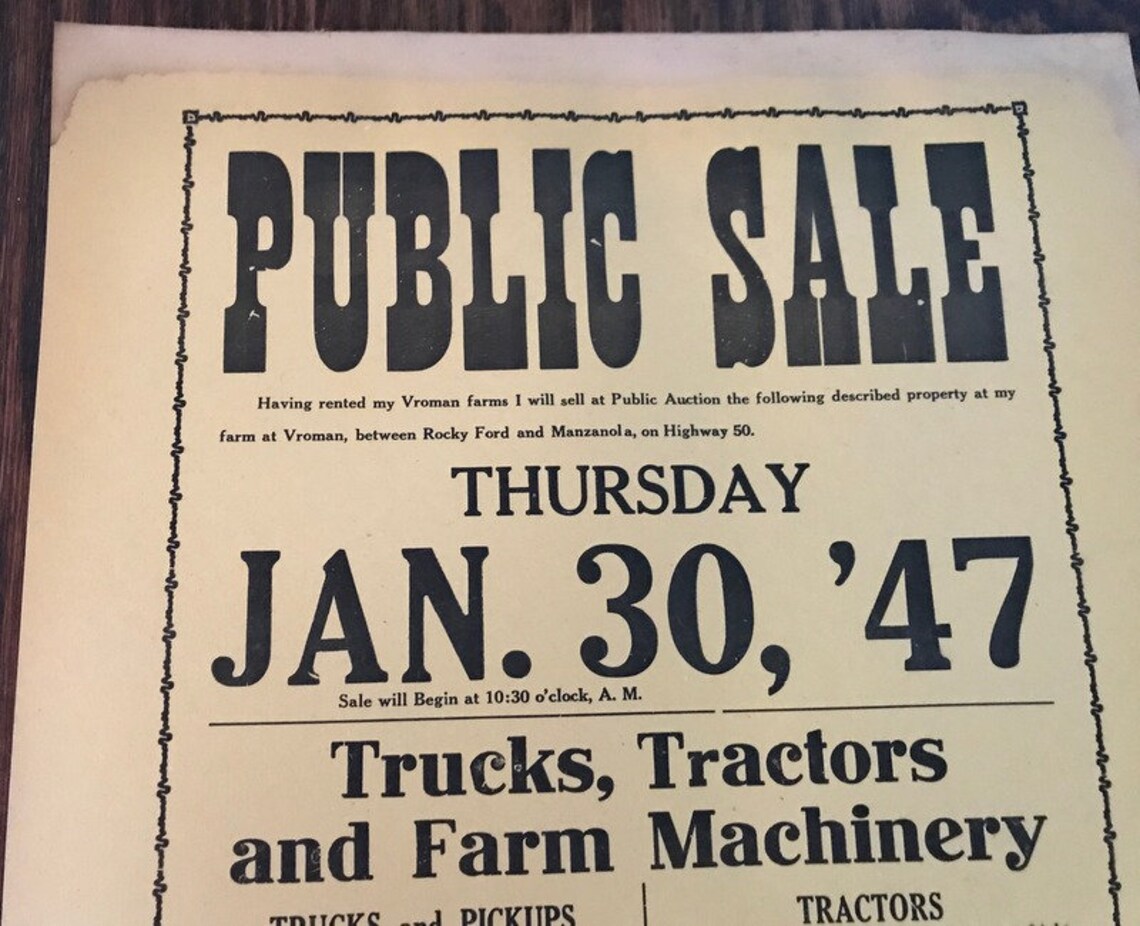 Vintage 1947 Public Auction Notice - Trucks, Tractors and ONE OLD HORSE ...