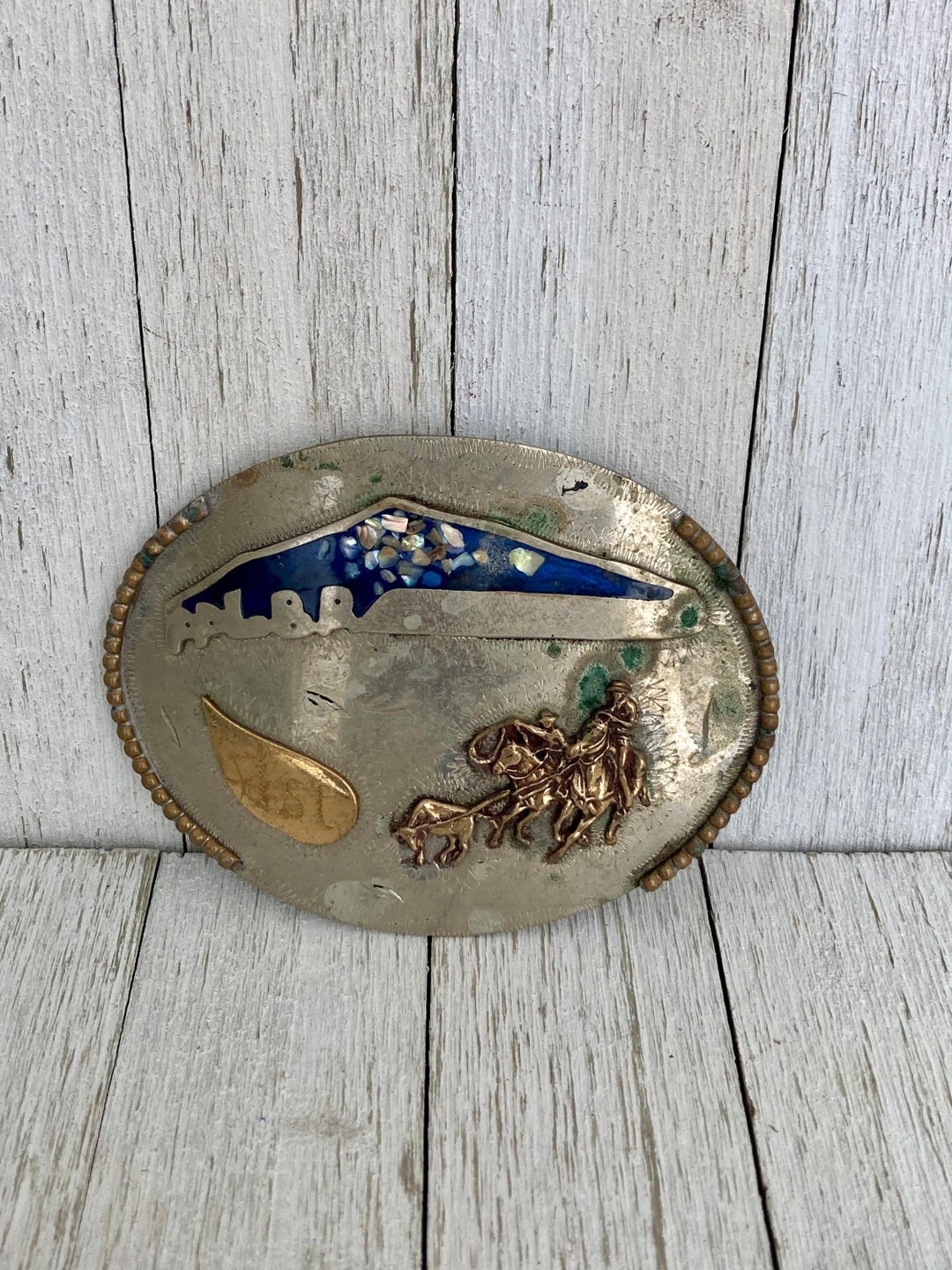 Vintage Silver Rodeo Buckle 1st Place - Team Roping - Mosaic Inlay ...