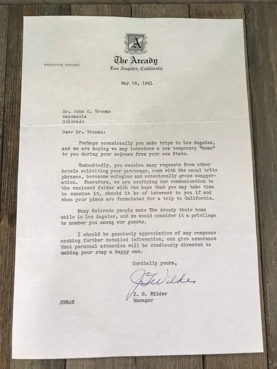 The Arcady Apartment Hotel Letter to John C. Vroman Manzanola - Etsy