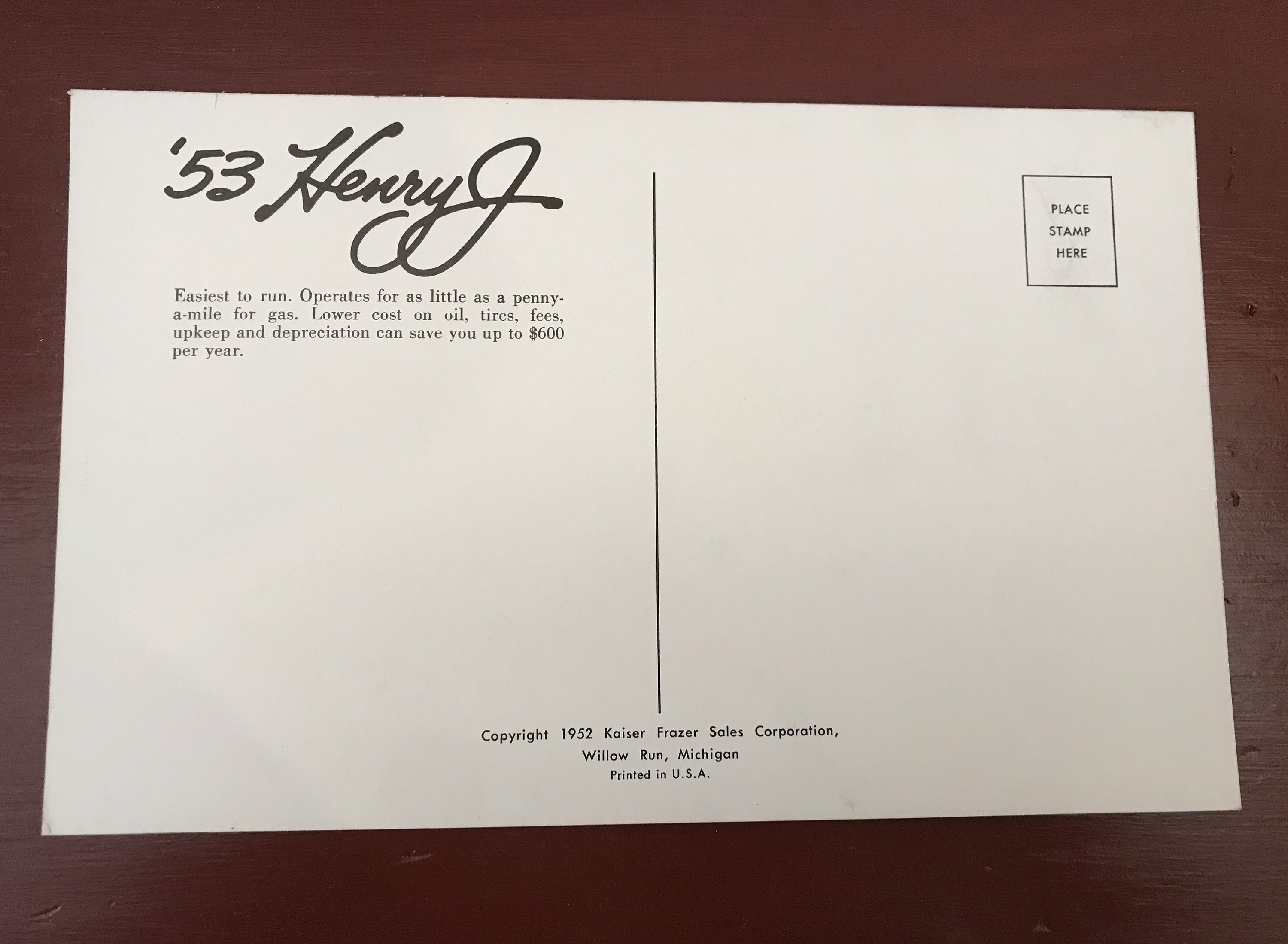 Unused 1953 Kaiser Frazer Henry J Postcard "easiest to Pay '53 Henry J ...