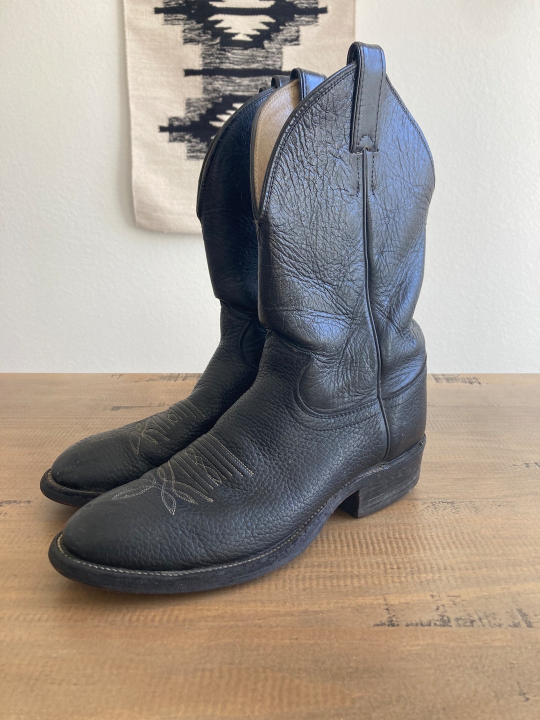 Vintage Justin's Black Leather Ropers Western Boots Style 3286 Cowboy ...